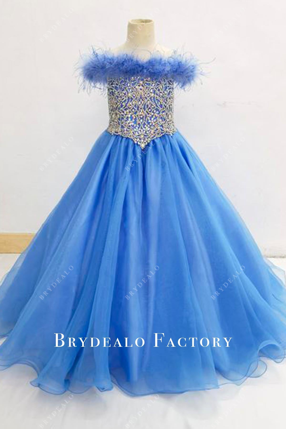 Rhinestones Blue Basque Waist A-Line Pageant Dress