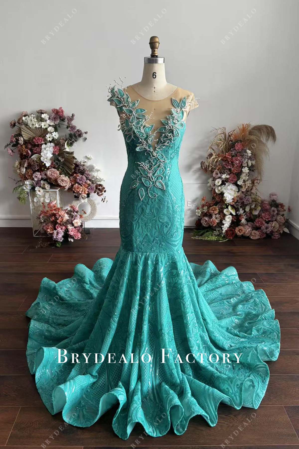 Cyan Embroidery Sequin Illusion Neck 3D Petals Prom Dress
