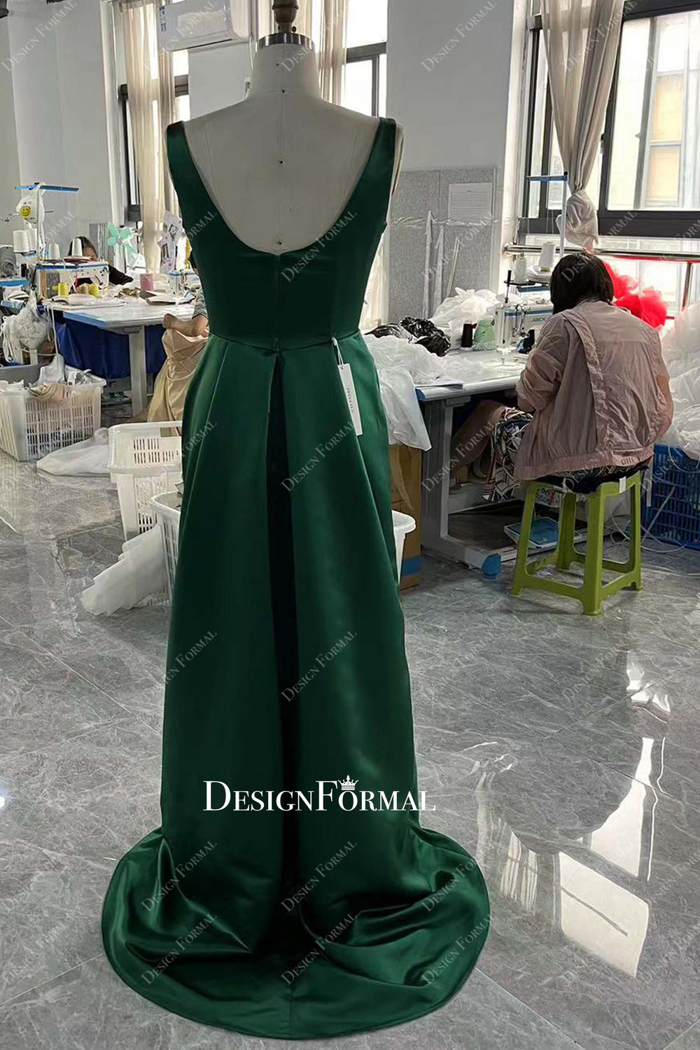 Custom Dark Green Satin Square Neck Sleeveless Formal Bridal Dress