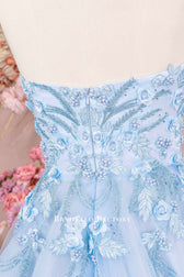 Sky Blue Pearl Lace Sweetheart Strapless A-line Prom Pageant Dresses