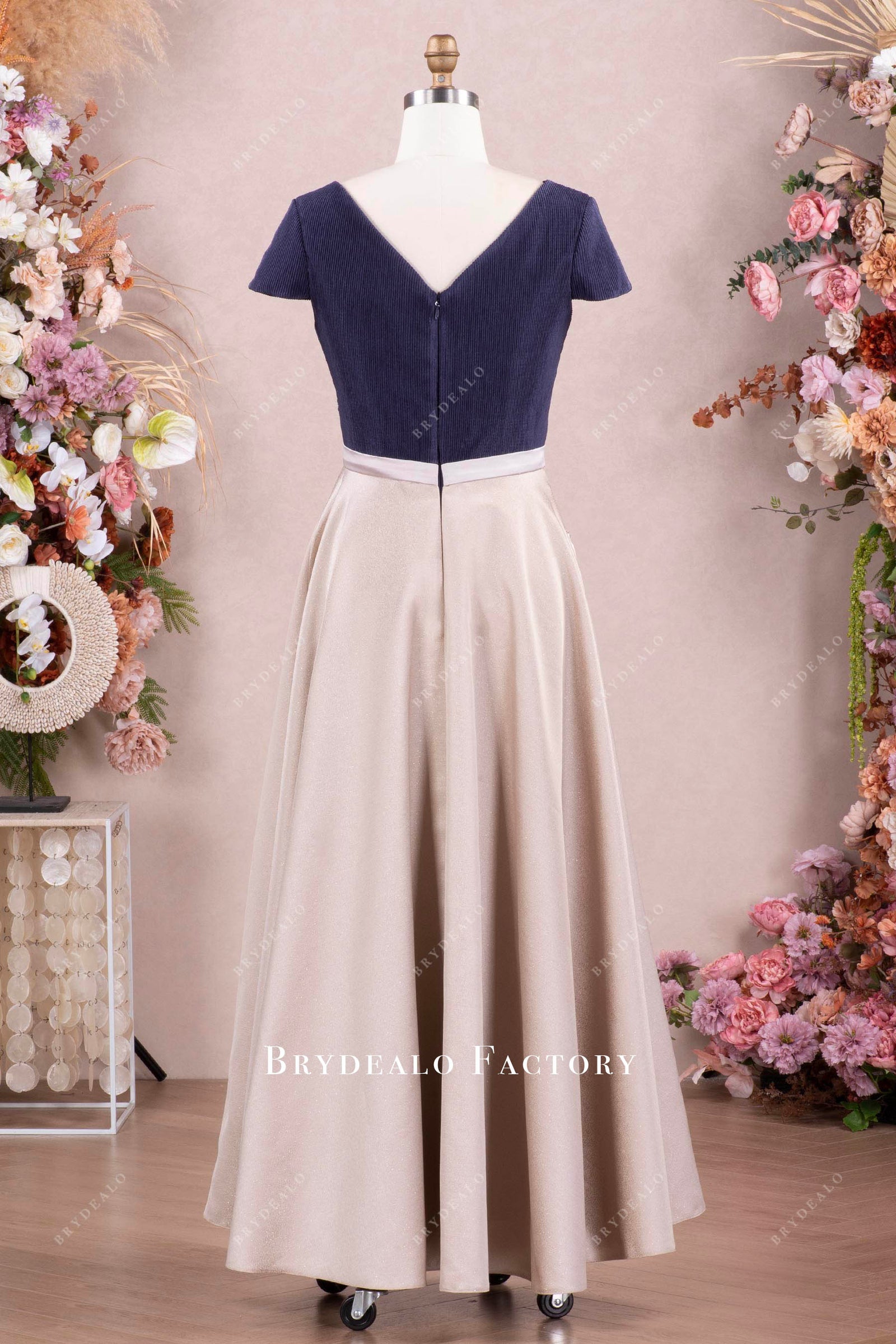 Demure Navy V-neck Ankle Length Khaki Mother of Bride & Groom Dress