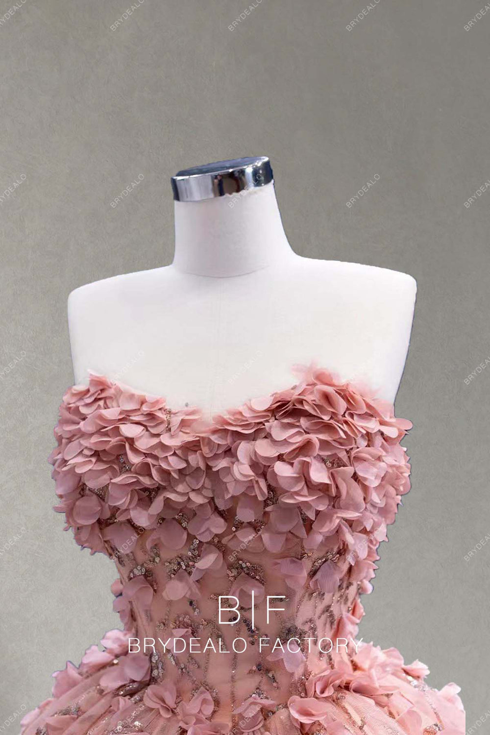 Dusty Rose Romantic Flowers Lace Strapless Ball Gown Formal Dress