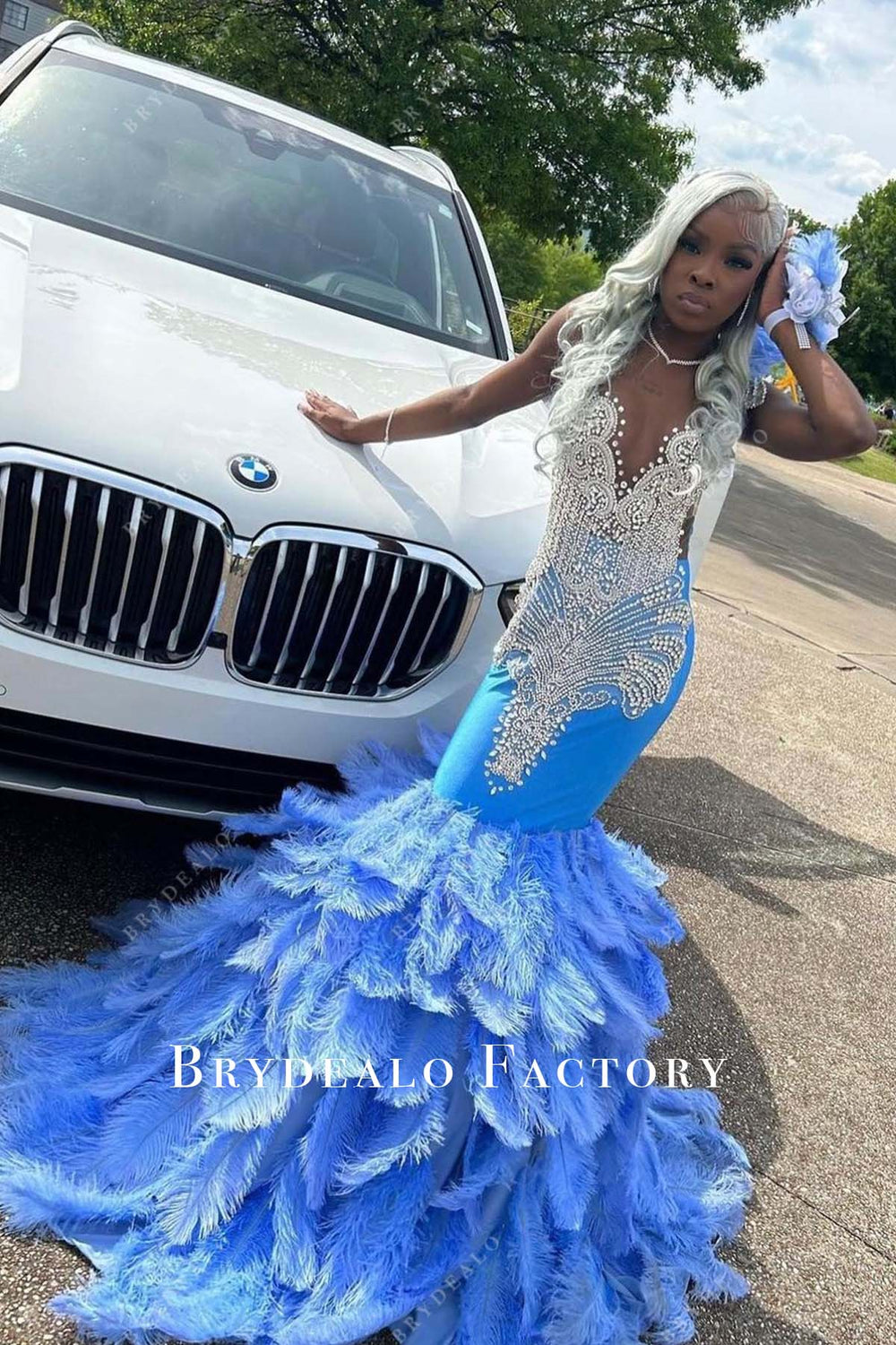Rhinestones Plunging Neck Blue Feathers Trumpet Prom Dress