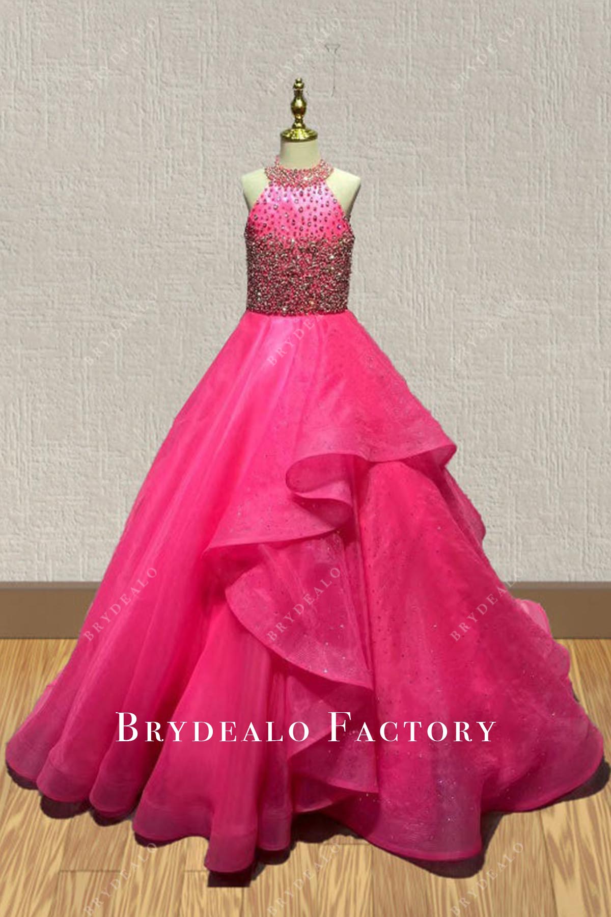 Pageant Dress | Rhinestones Fuchsia Halter Ruffled A-Line Kids Gown