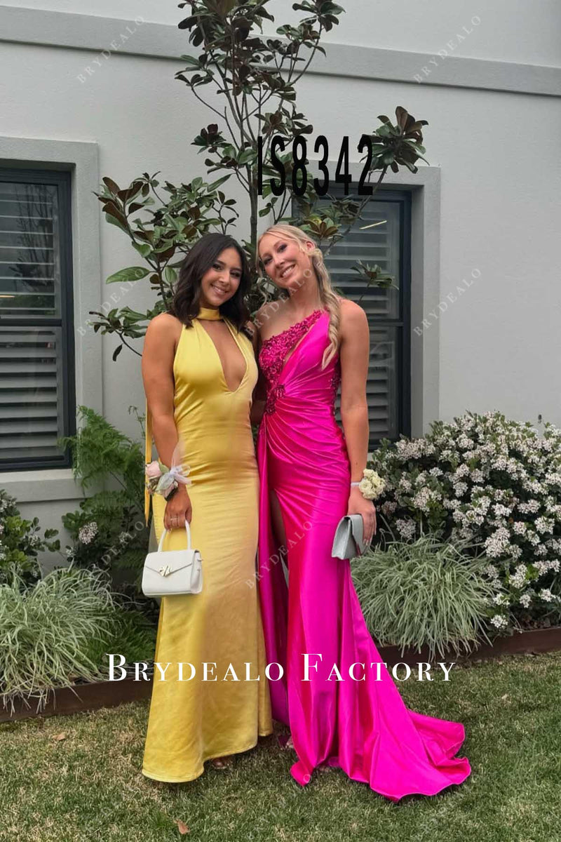 Glitter Fuchsia One Shoulder Keyhole Slit Mermaid Prom Dress