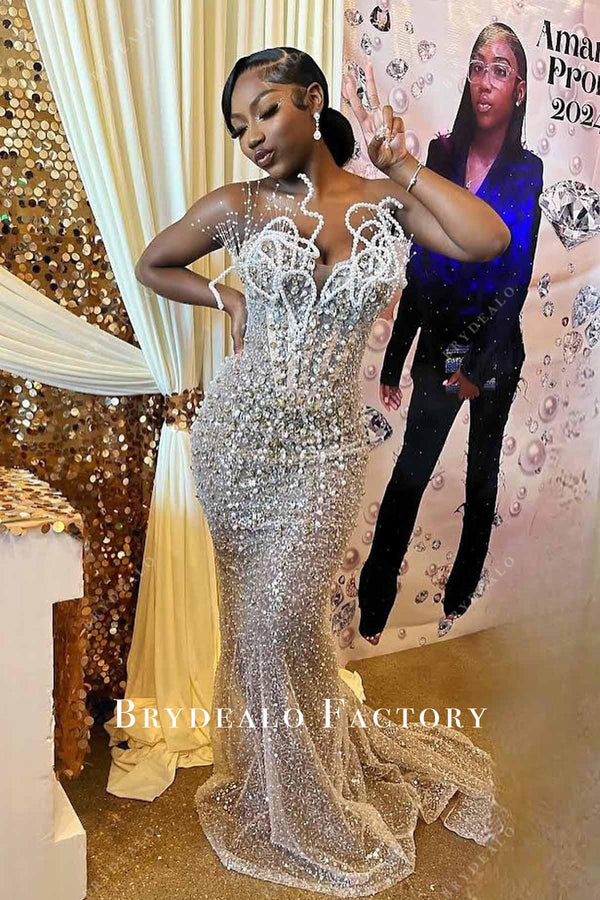 Rhinestone Pearl Strapless Sweetheart Neck Mermaid Prom Dress