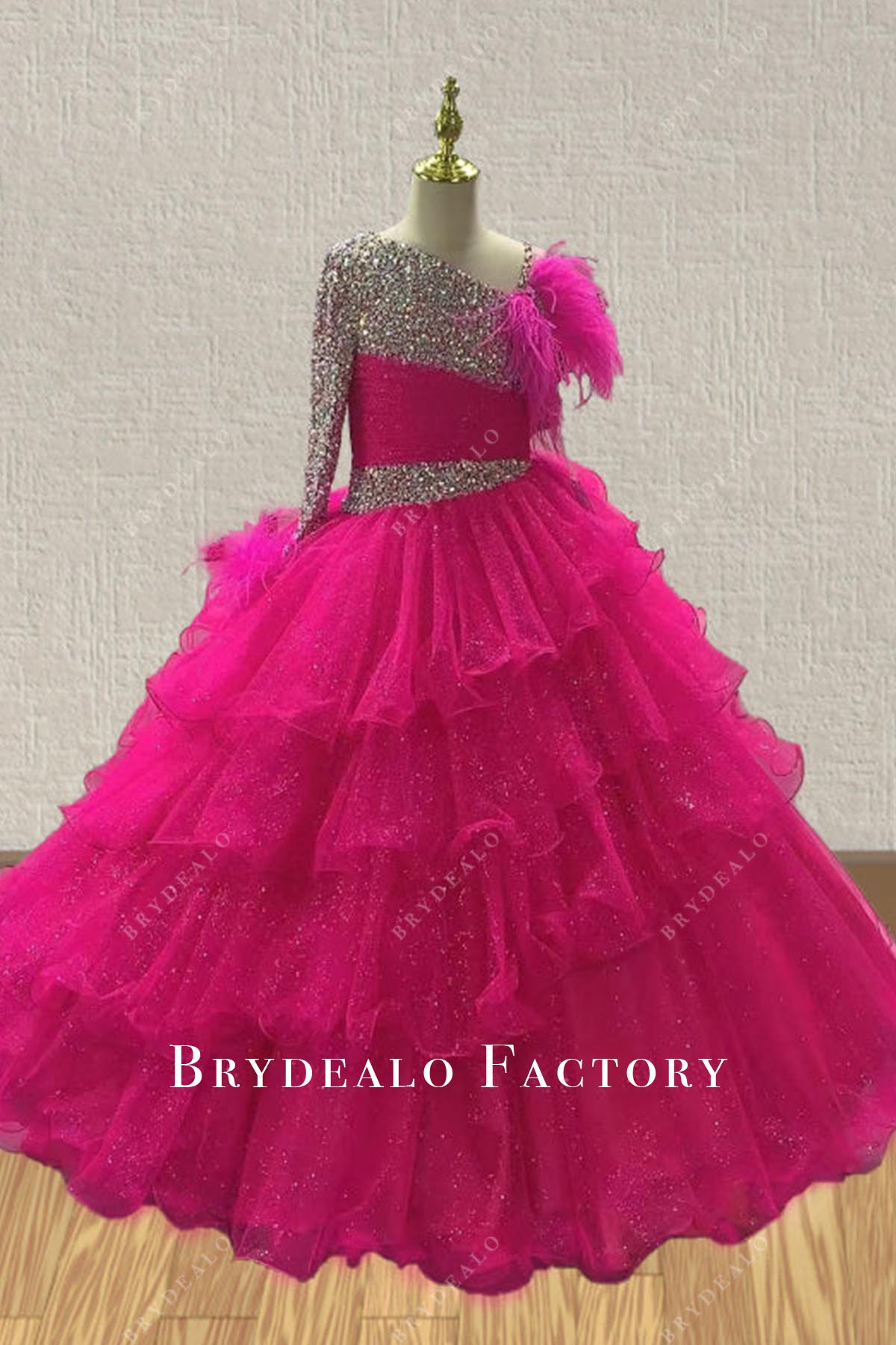 Rhinestones Fuchsia One Sleeve Layered A-Line Pageant Dress
