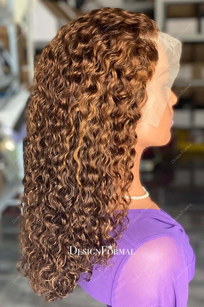 Shoulder Blade Length Kinky Curly Brown Human Hair Wig