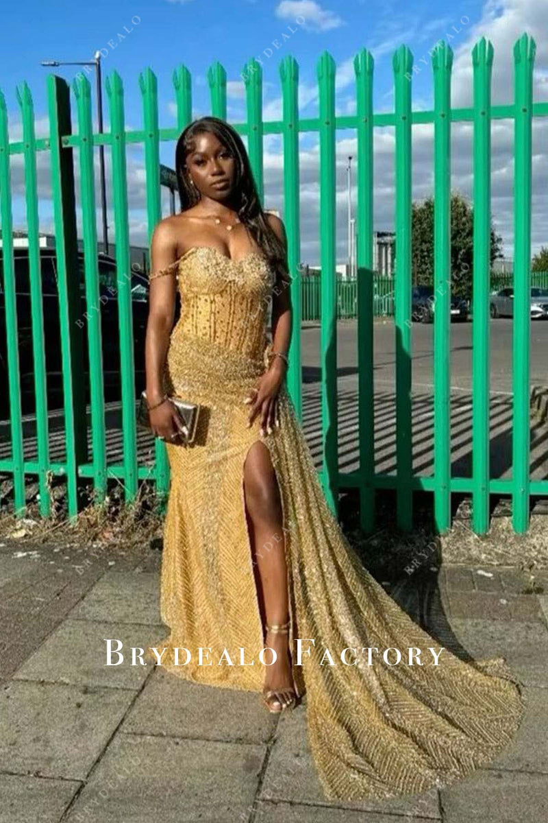 Gold Rhinestones Off Shoulder Panel Train Prom Dress