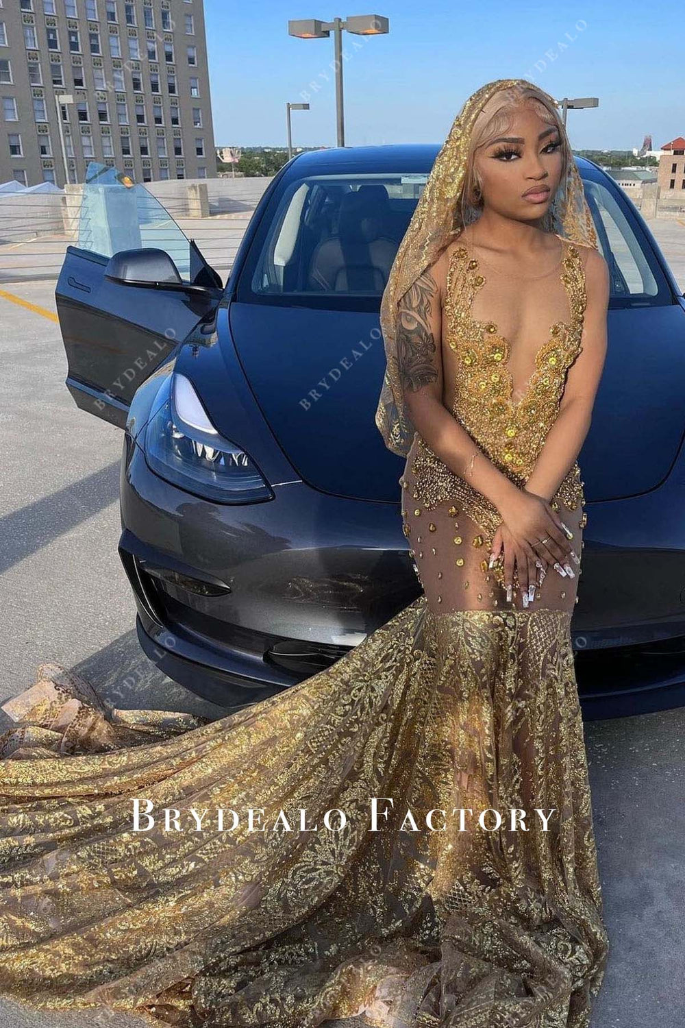 Prom Dress | Rhinestones Gold Sequined Trumpet Formal Gown