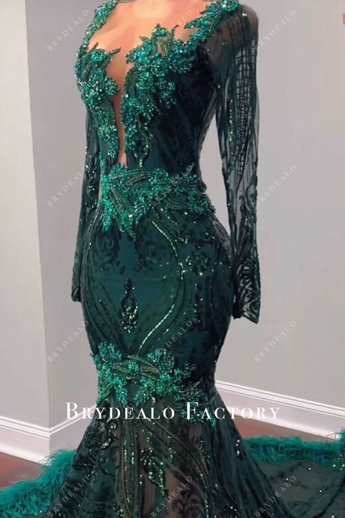 Unique Green Sequin Mermaid Long Sleeve Embellished Prom Dress