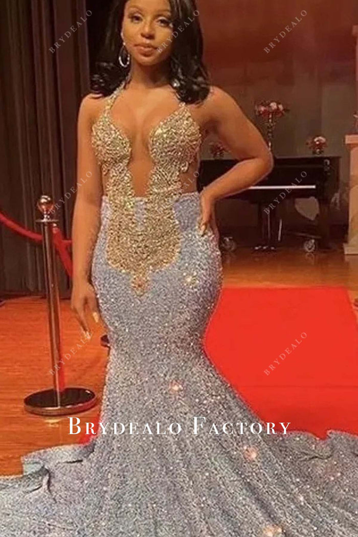 Blue Sequin Halter Neck Rhinestone Mermaid Prom Dress