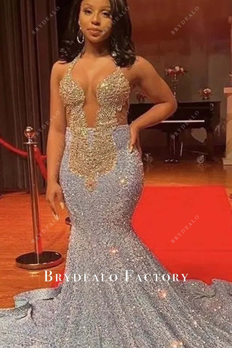 Blue Sequin Halter Neck Rhinestone Mermaid Prom Dress