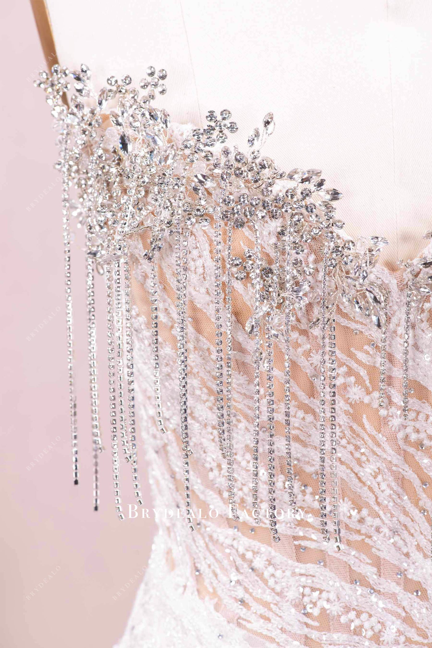 Rhinestone Tassel Neck Strapless Luxury High Slit Formal Prom Dress