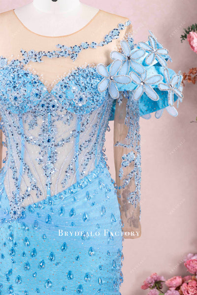 Sleeved Shoulder Large Flowers Tear-Drop Rhinestones Pageant Prom Dres