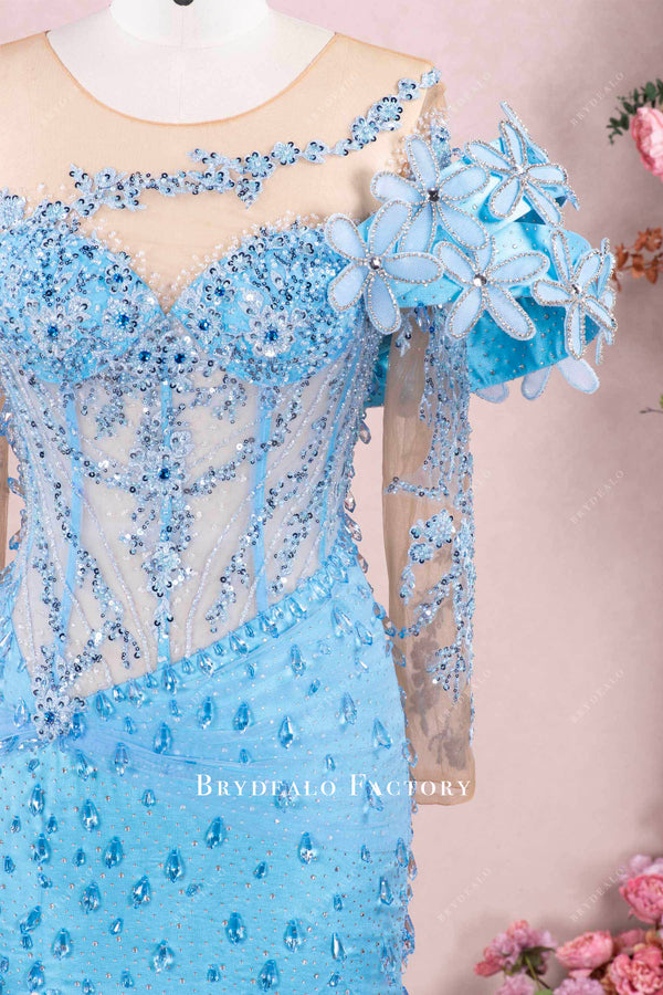 Sleeved Shoulder Large Flowers Tear-Drop Rhinestones Pageant Prom Dres