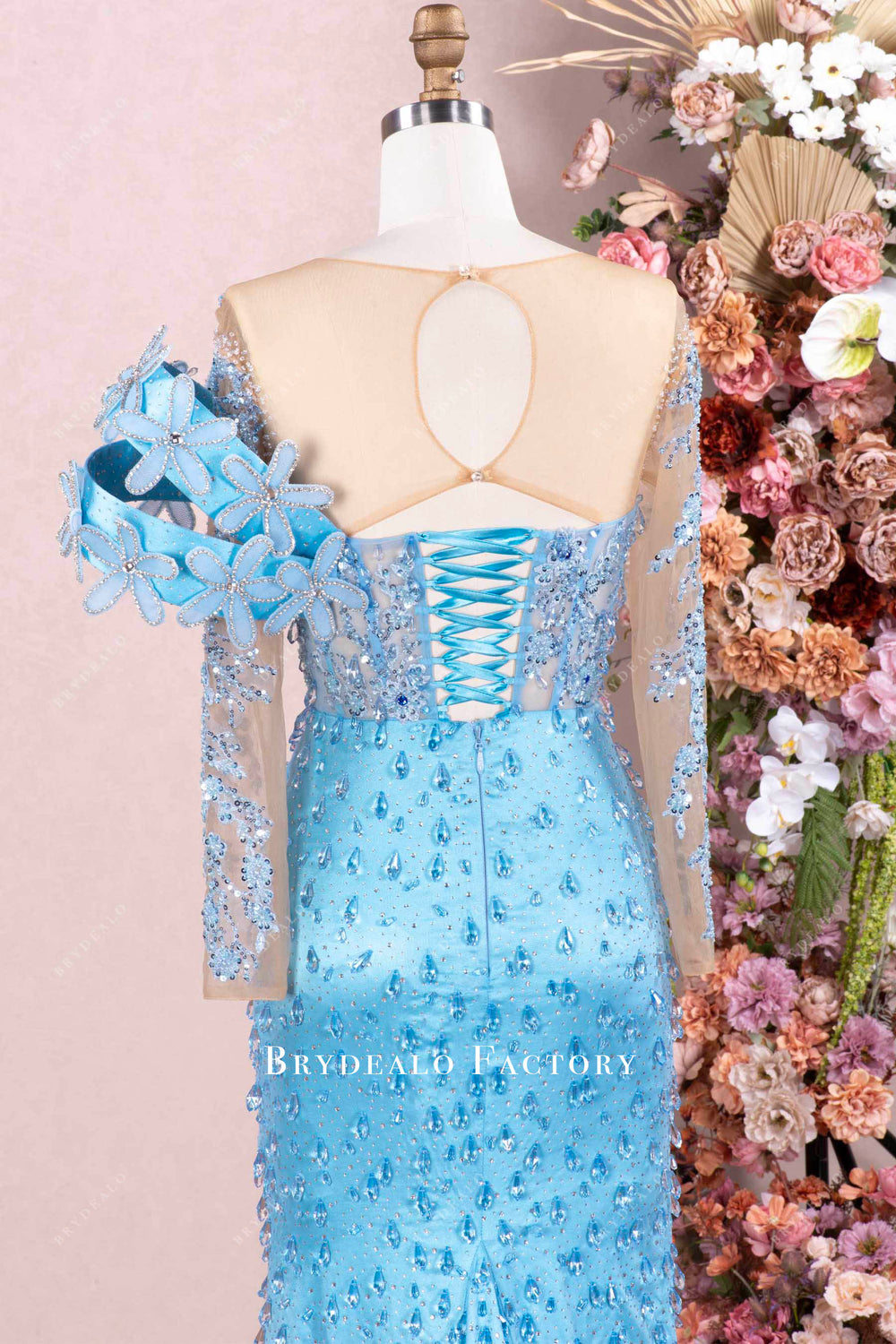 Sleeved Shoulder Large Flowers Tear-Drop Rhinestones Pageant Prom Dres