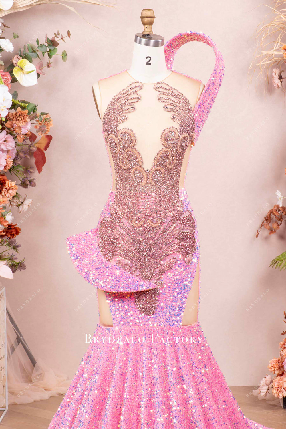 Sparkly Pink Sequin Rhinestone Shoulder Panel Prom Dress