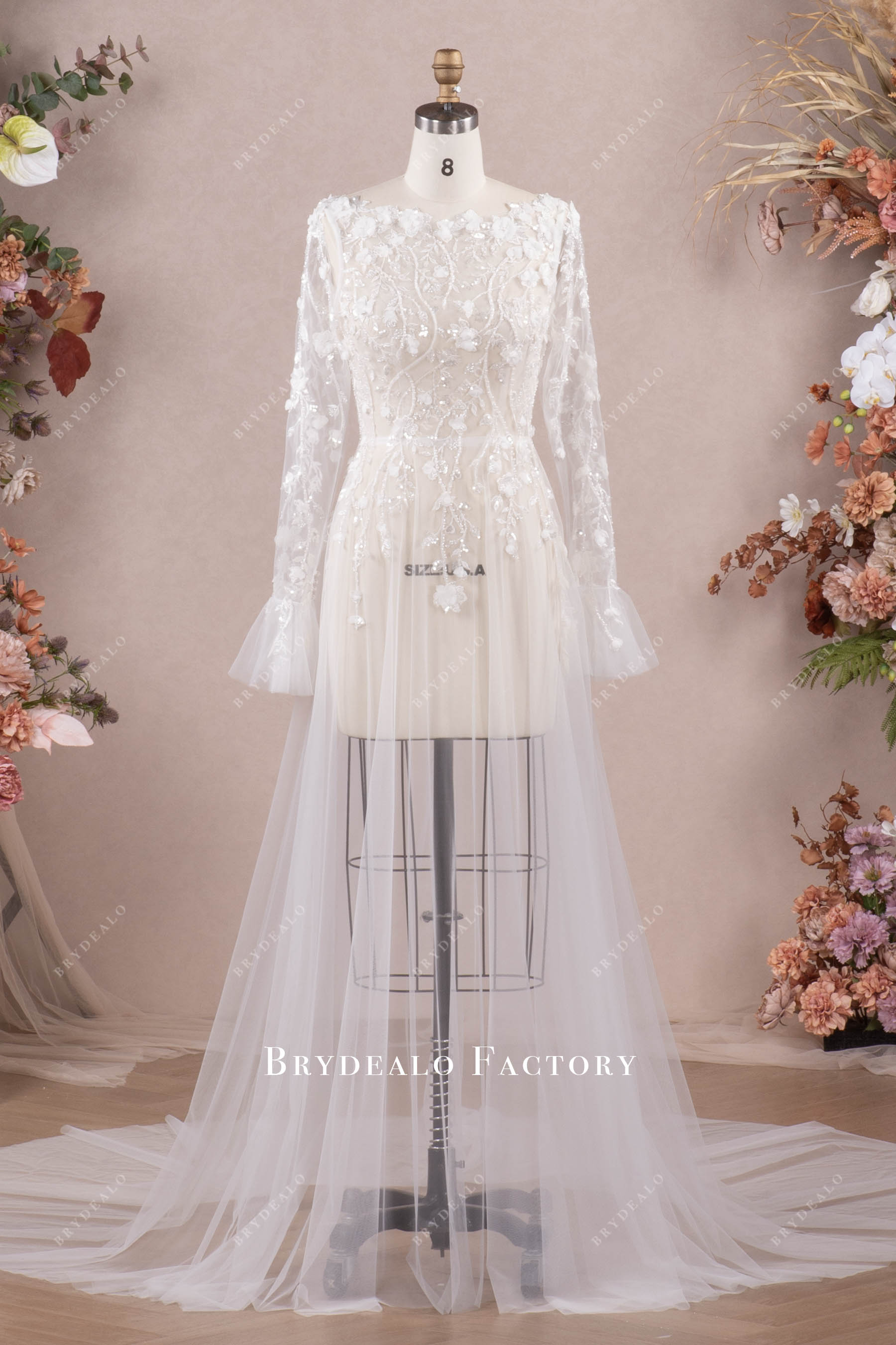 Designer 3D Flowers Beaded Lace Long Sleeve Robe Overlay Dress