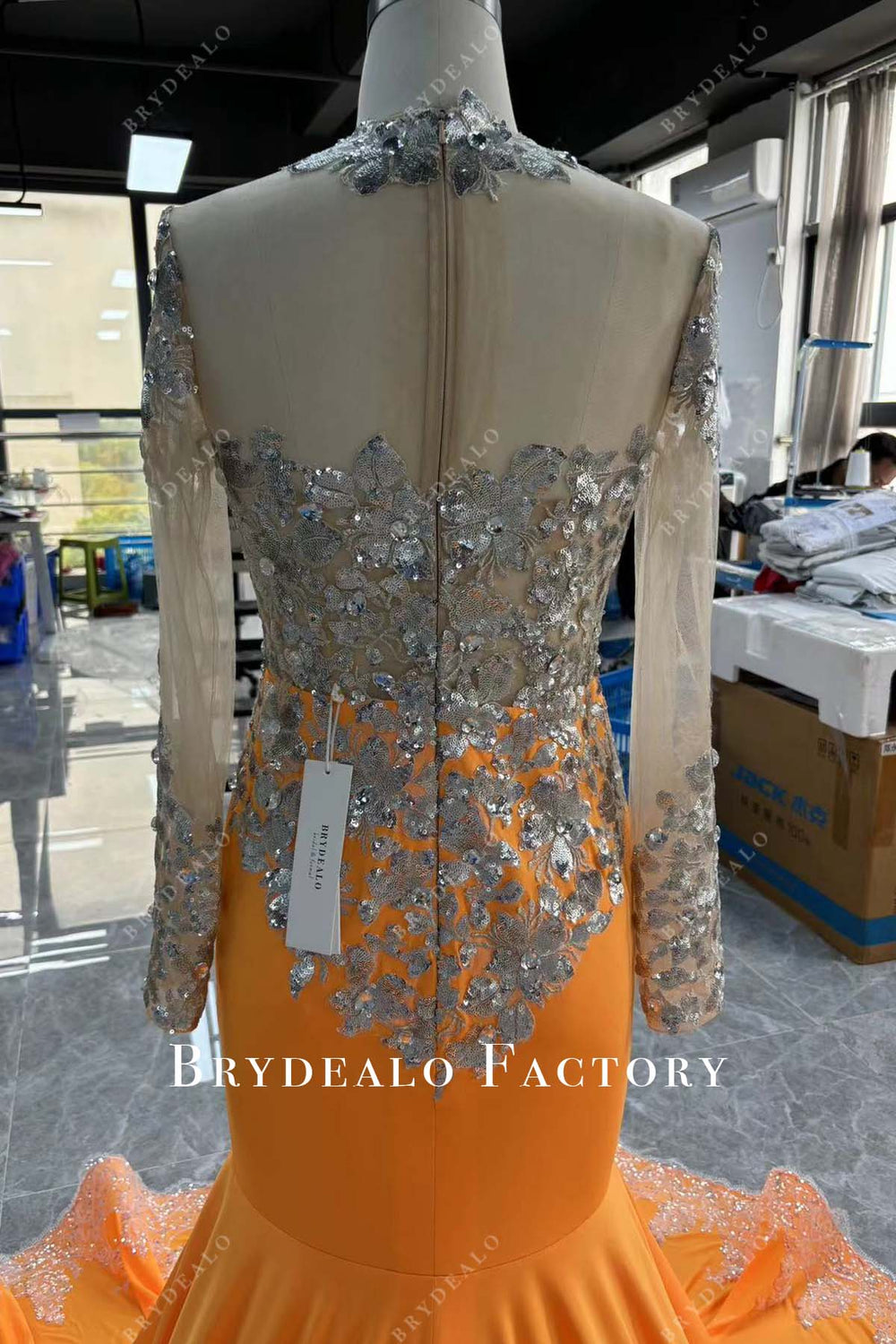Custom Sequined Appliques Tangerine Jersey Mermaid Prom Dress