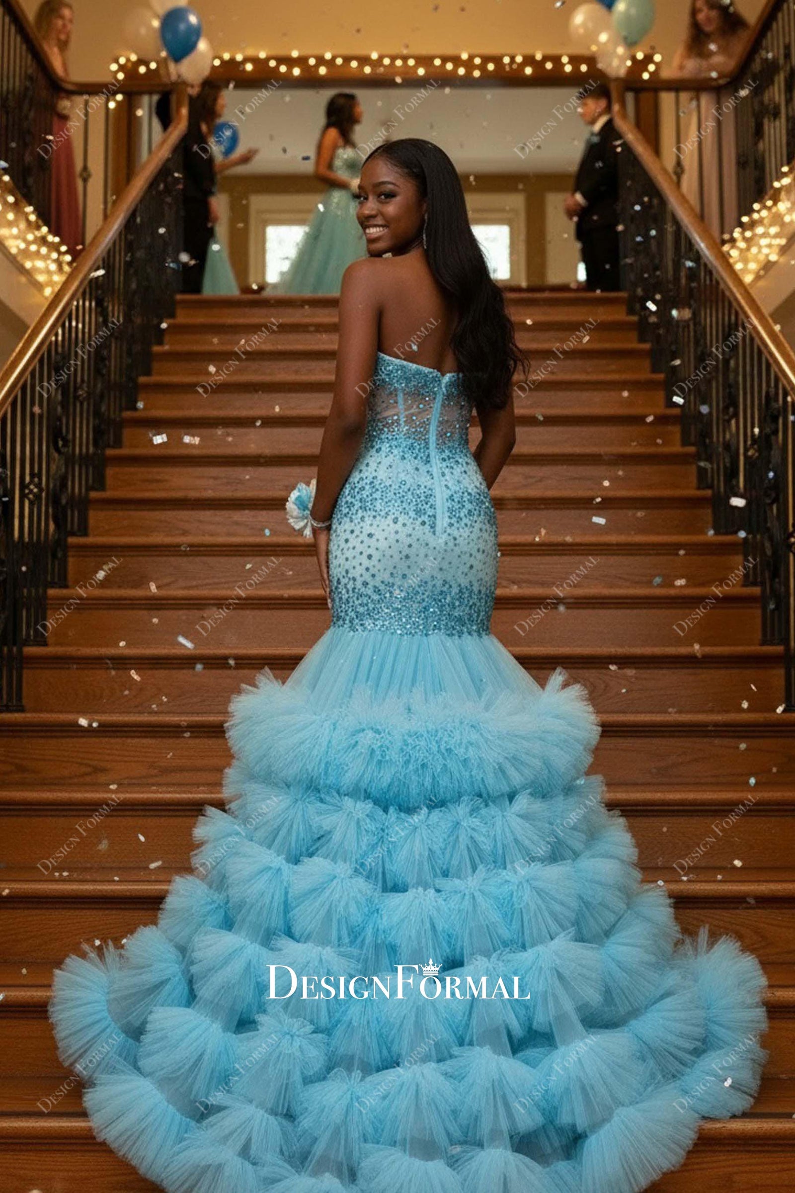 Pool Strapless Corset Sophisticated Sequin Tiered Trumpet Prom Dress