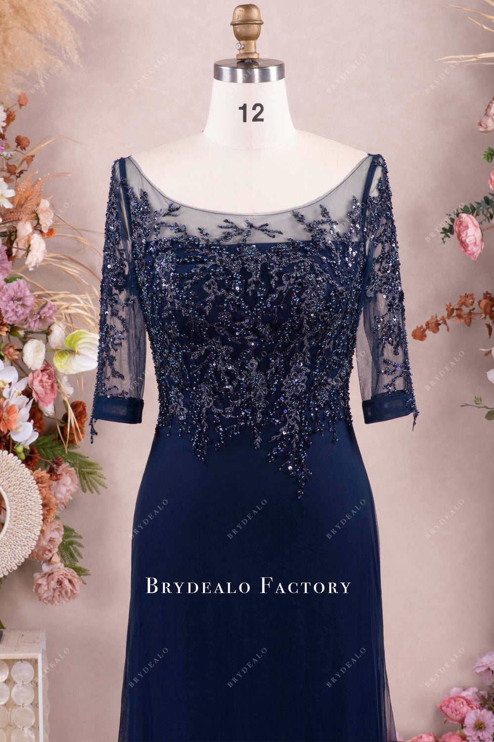 Navy Boat Neck Mermaid Mother of Bride & Groom Dress