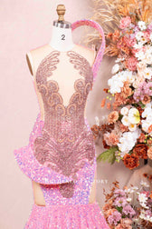 Sparkly Pink Sequin Rhinestone Shoulder Panel Prom Dress