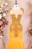 Gold Rhinestone Orange Jersey Feather Long Train Prom Dress