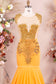 Gold Rhinestone Orange Jersey Feather Long Train Prom Dress