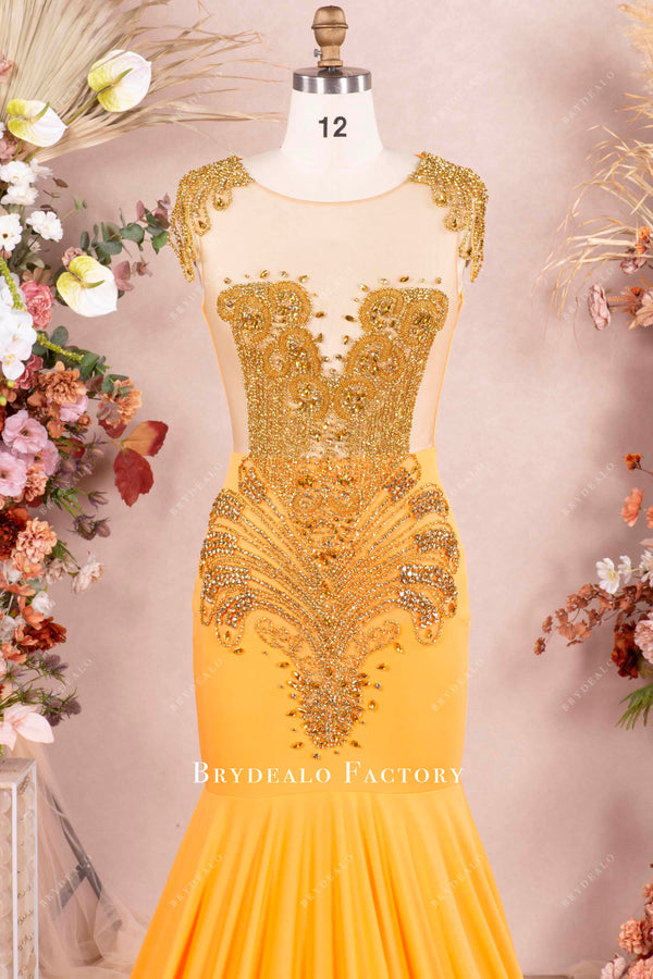 Gold Rhinestone Orange Jersey Feather Long Train Prom Dress
