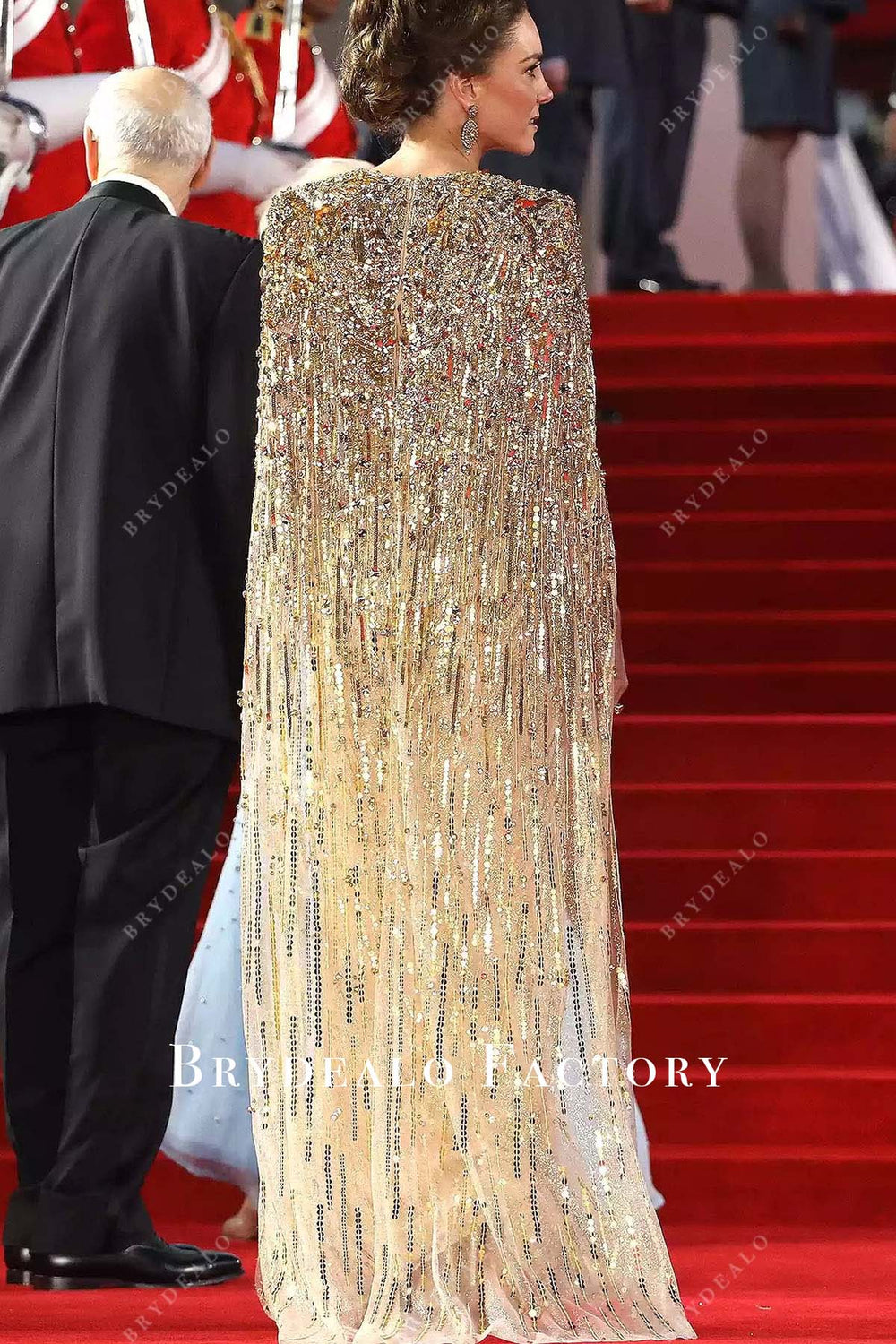 Kate Middleton Gold V-neck Cape Dress No Time to Die Premiere