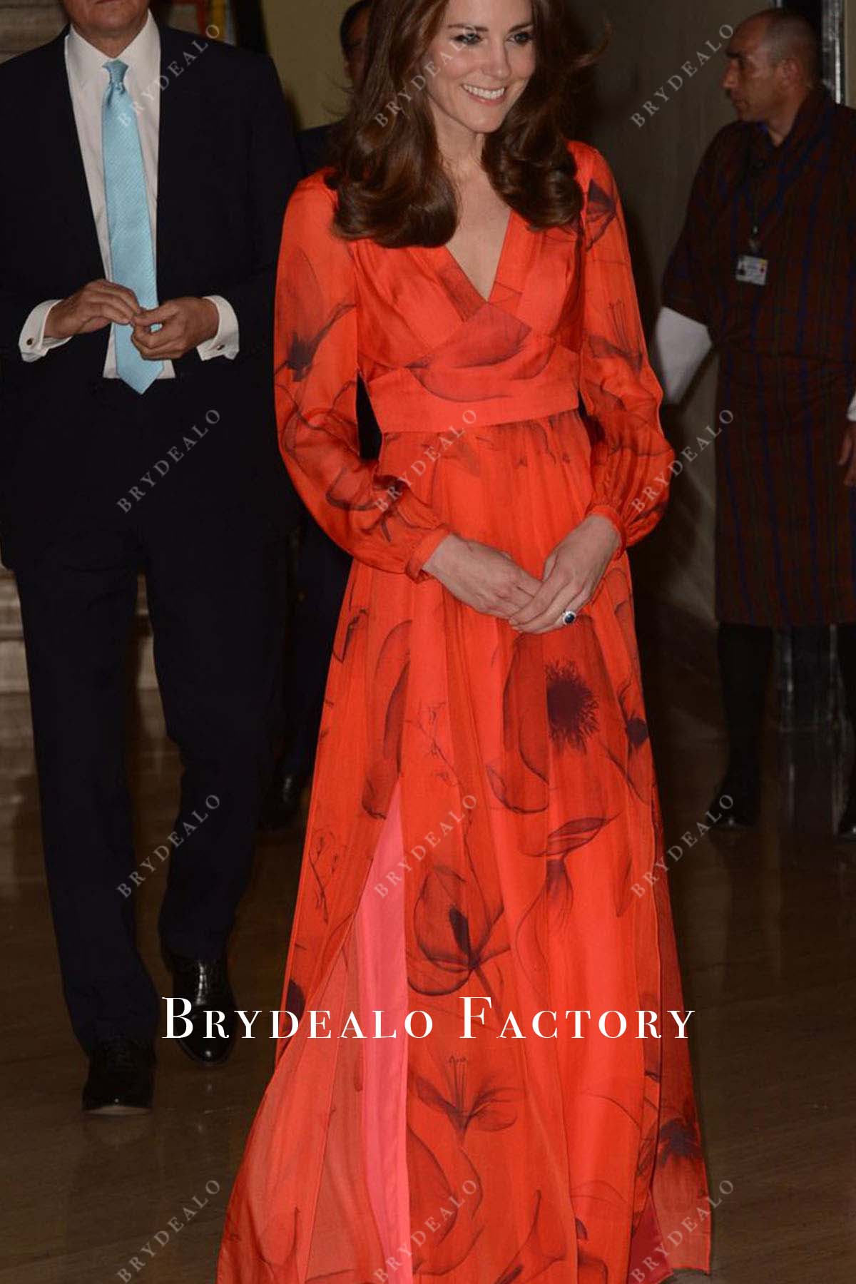 Kate Middleton V-neck Print Celebrity Reception Dress