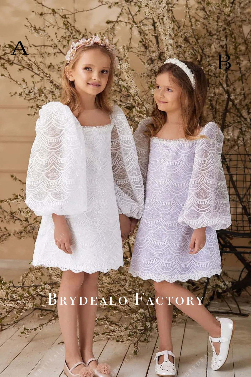 Lace Puffy Sleeves Lilac Loose Knee Length Flower Girl Dress