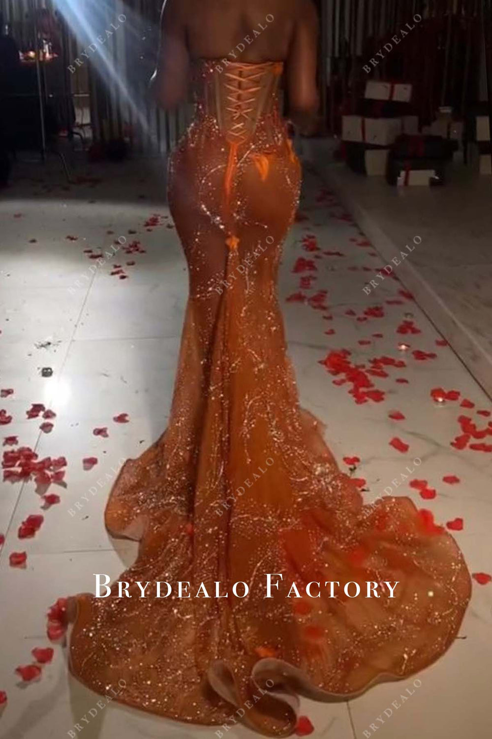 Orange Strapless Sparkly Sheer Mermaid Corset Back Birthday Prom Dress