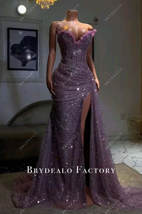 Eye-catching Lavender Strapless Shimmer Mermaid Slit Prom Dress