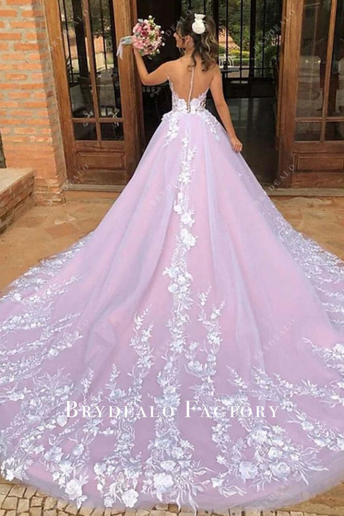 Lace Appliques Lilac Tulle Long Train Wedding Dress