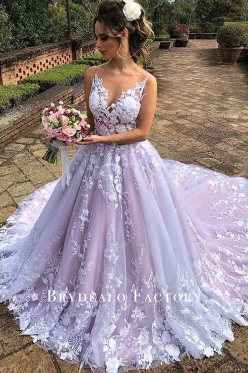 Lace Appliques Lilac Tulle Long Train Wedding Dress