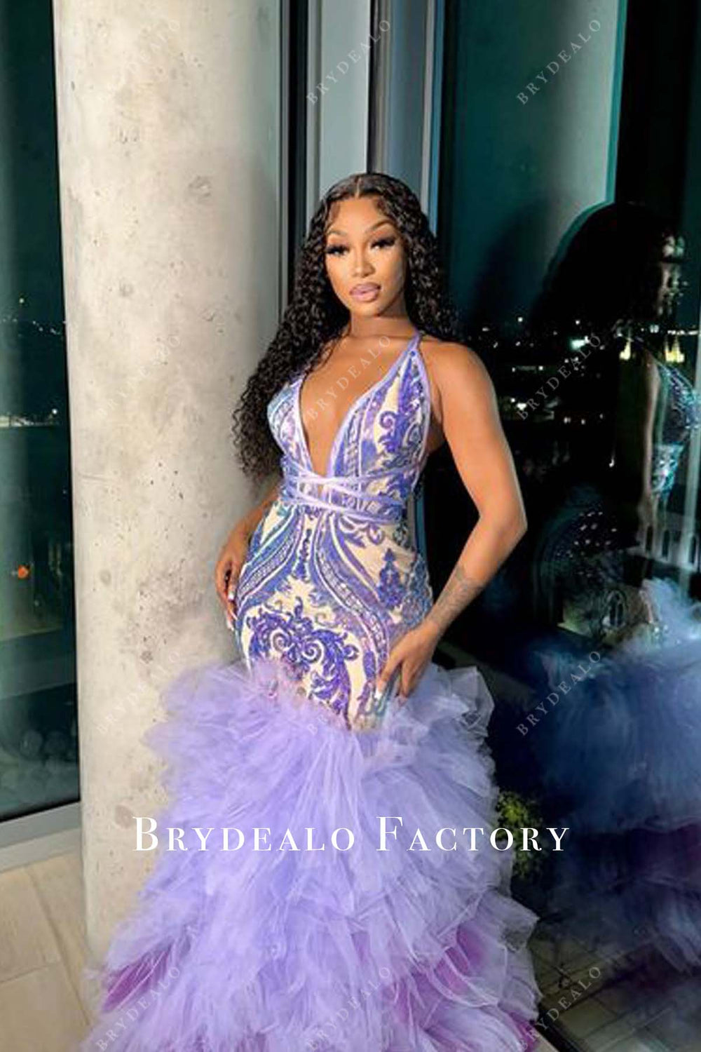 Lilac Unique Sequin Ruffled Tulle Trumpet Floor Length Prom Dress