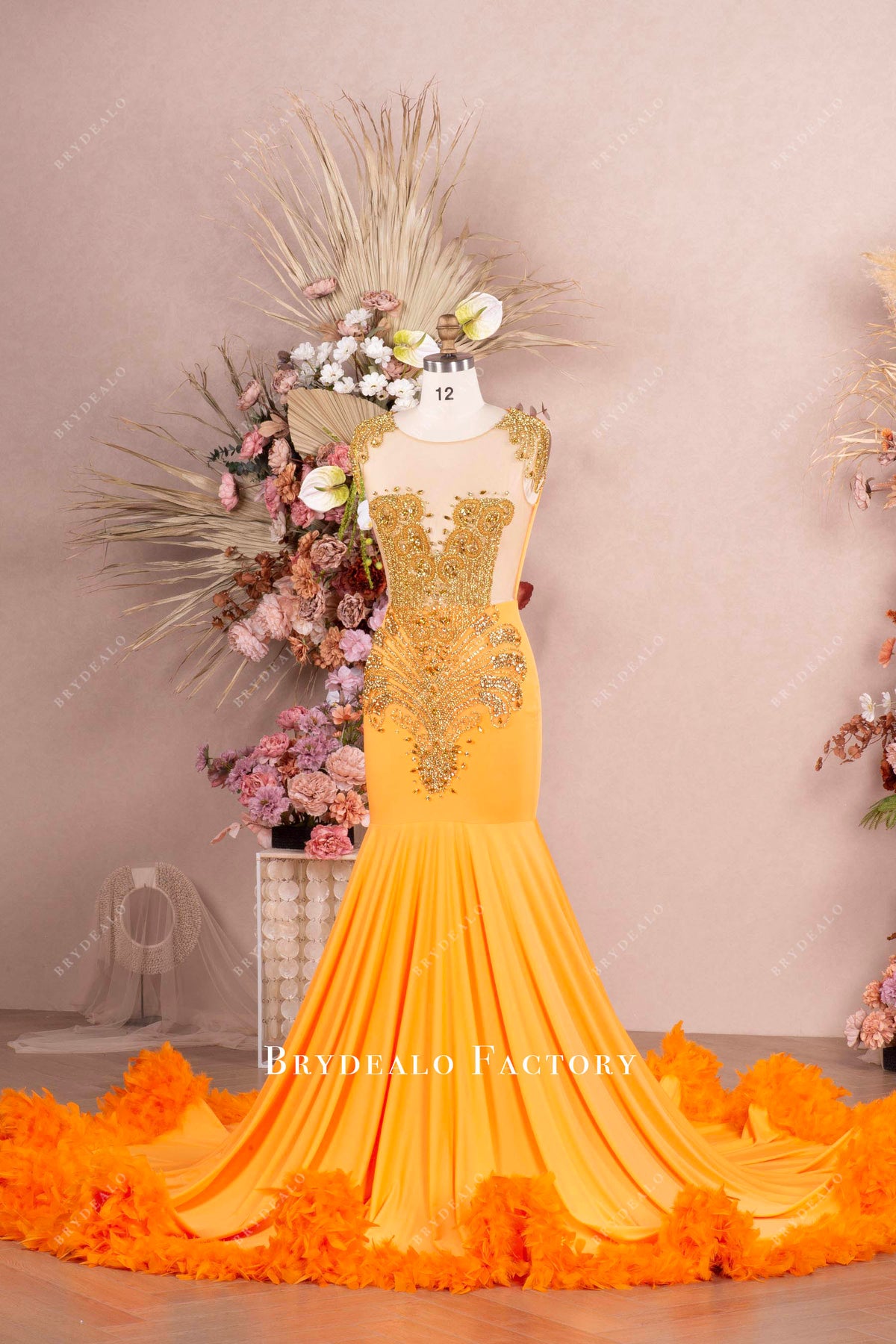 Gold Rhinestone Orange Jersey Feather Long Train Prom Dress