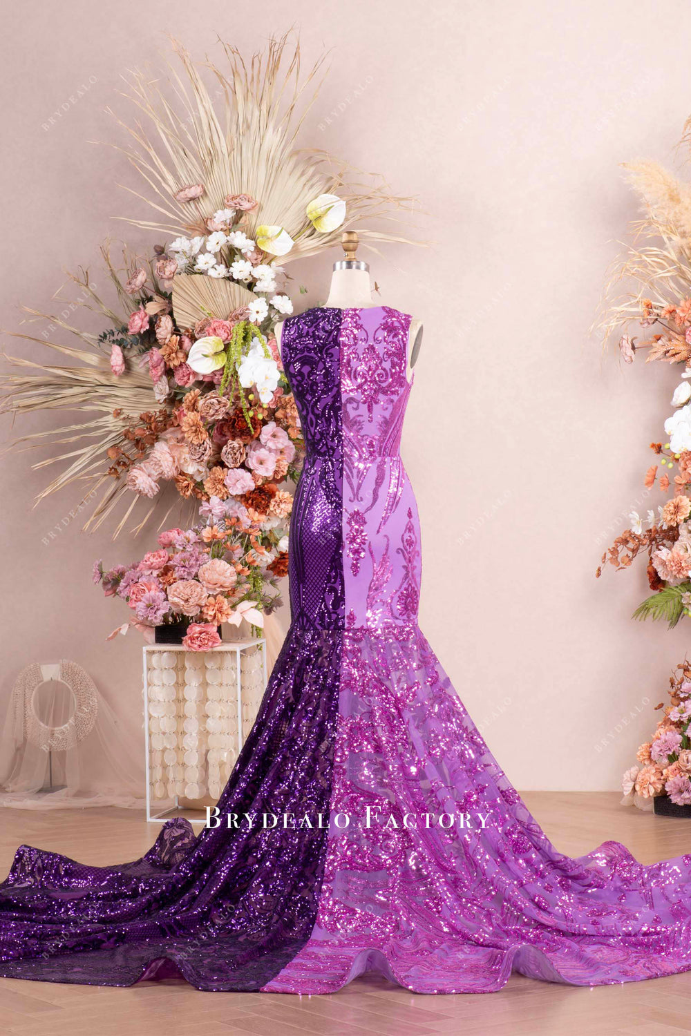 Dramatic Two-Tone Purple Sequin Split Color Prom Dress