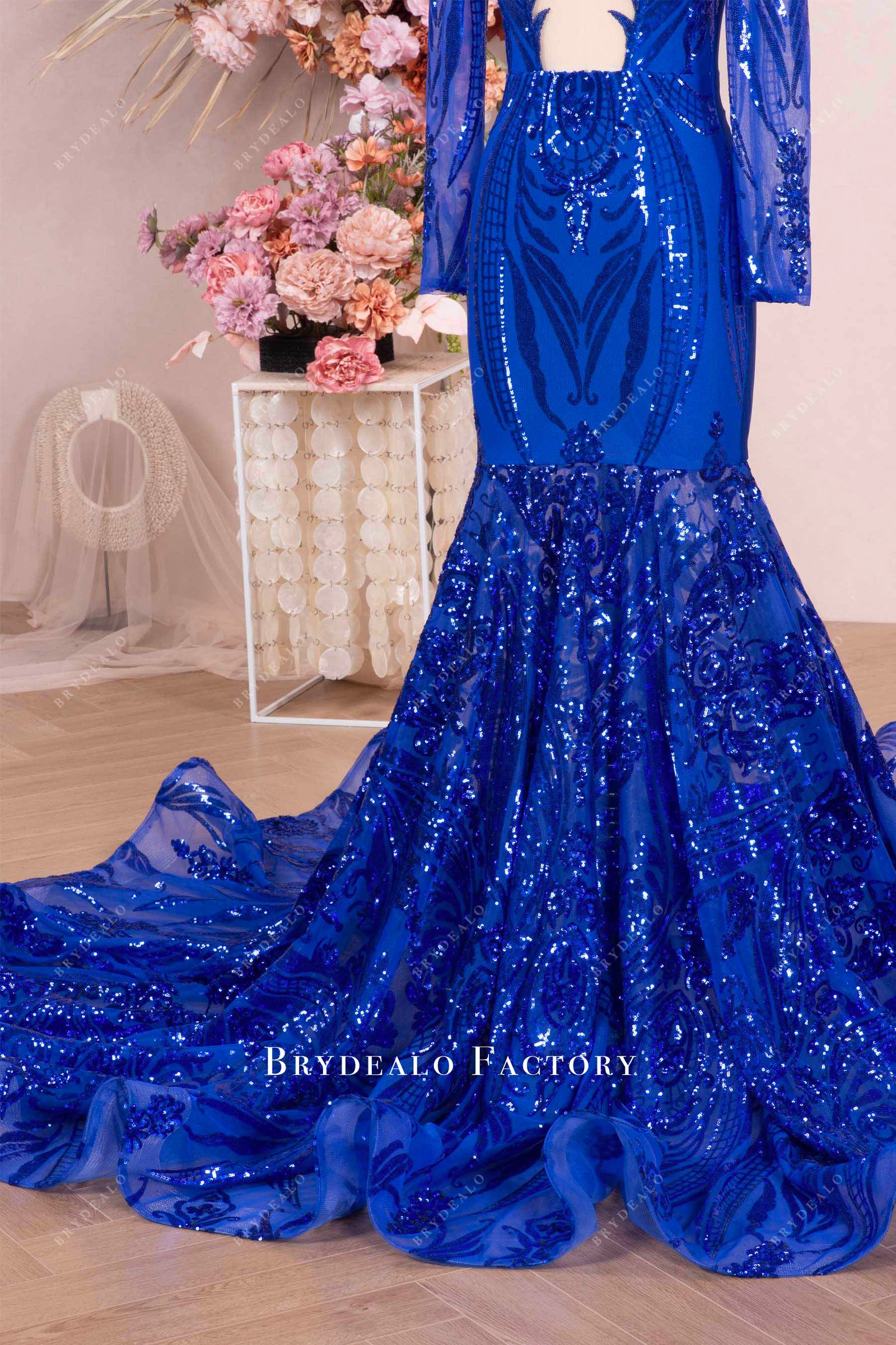 Sparkly Royal Blue Sequin Long Sleeve Mermaid Prom Dress