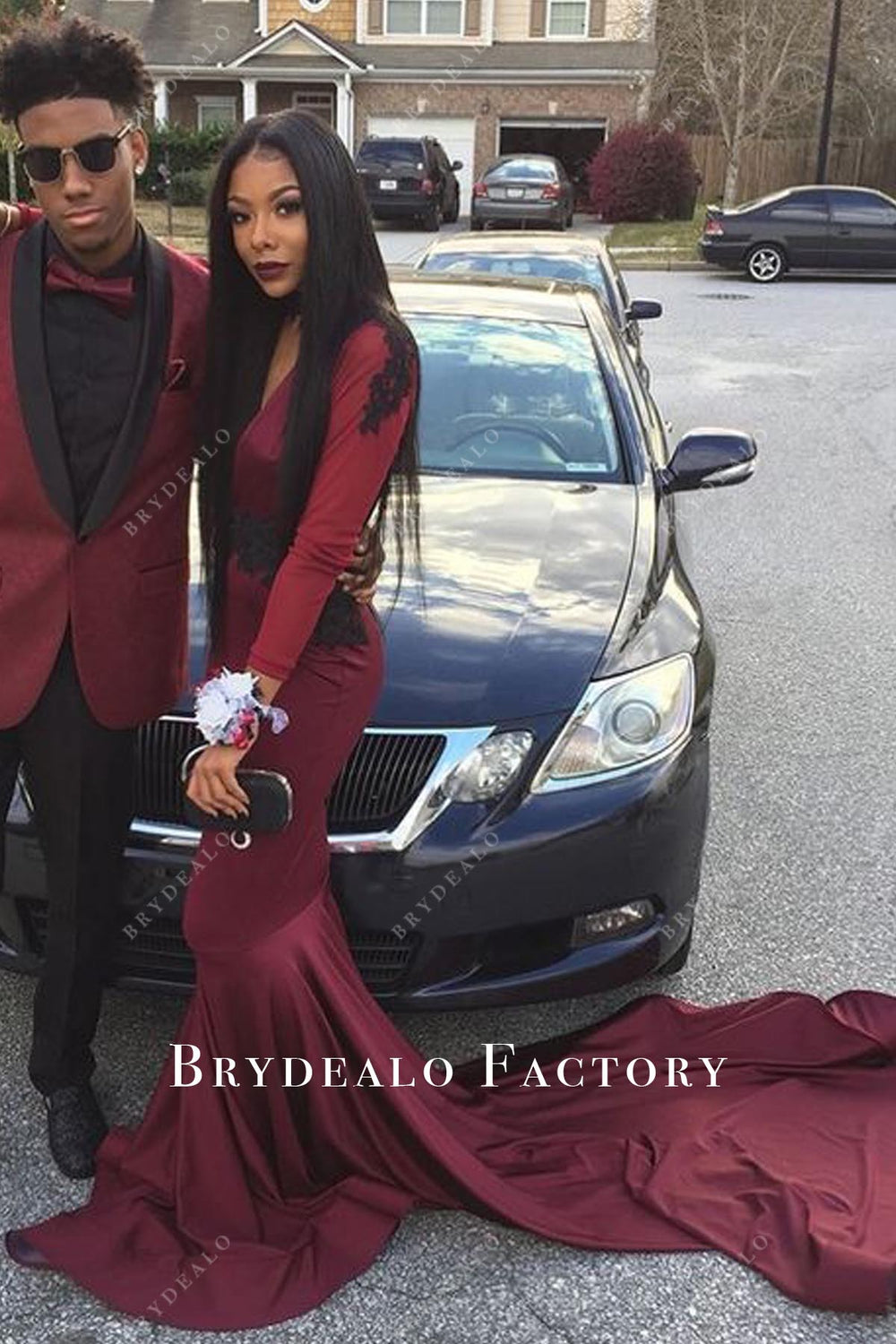 Plunging Neck Long Sleeve Cabernet Jersey Mermaid Prom Dress