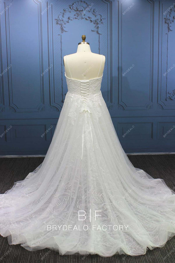 Spaghetti Strap Scoop Neck Designer Lace Tulle Long Train Bridal Dress
