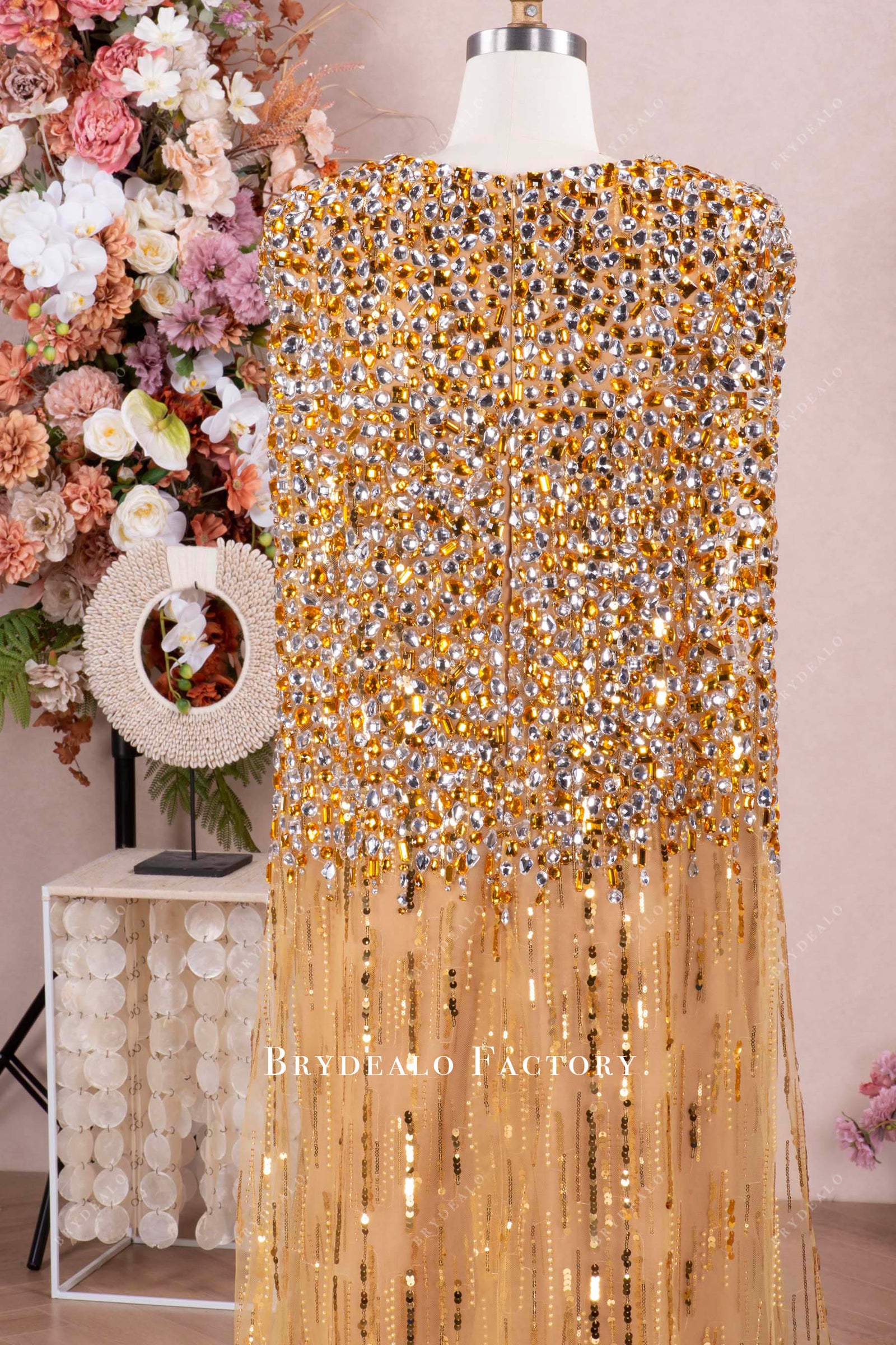 Luxe Gold Rhinestones V-neck Long Wedding Prom Dress
