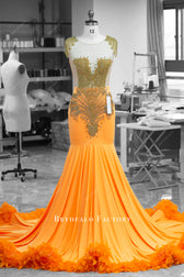 Gold Rhinestone Orange Jersey Feather Long Train Prom Dress