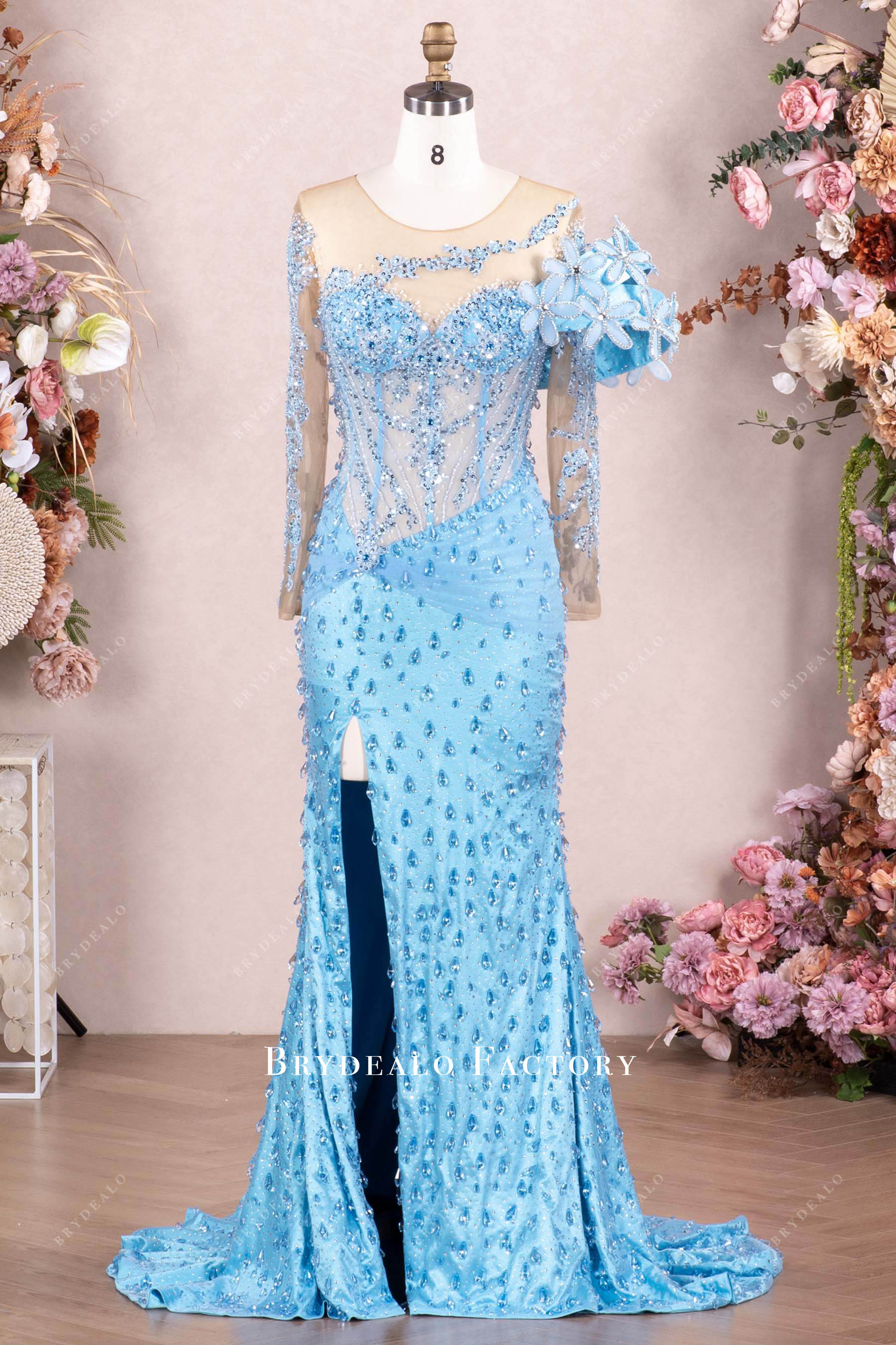 Sleeved Shoulder Large Flowers Tear-Drop Rhinestones Pageant Prom Dres