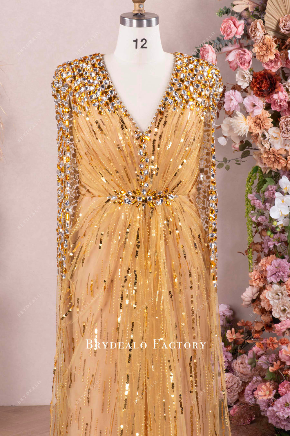 Luxe Gold Rhinestones V-neck Long Wedding Prom Dress