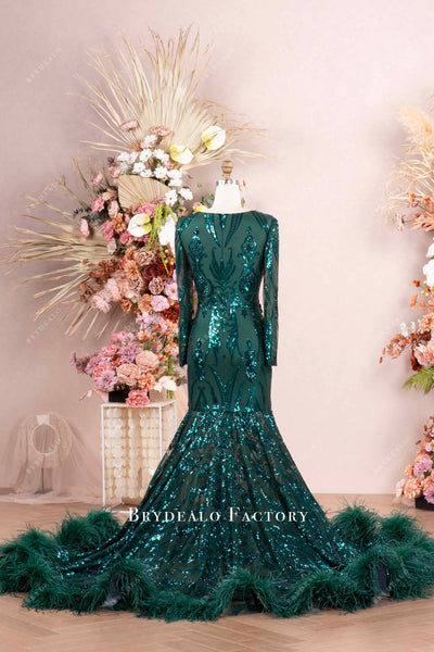 Sparkly Dark Green Sequin Feather Long Prom Dress