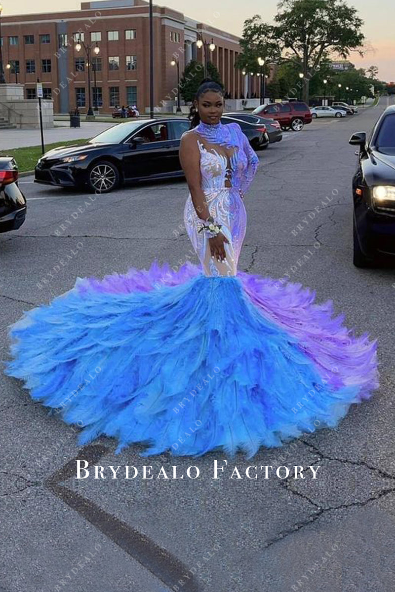 Multi-color Unique Sequin Big Feather Trumpet Crafted Prom Gown