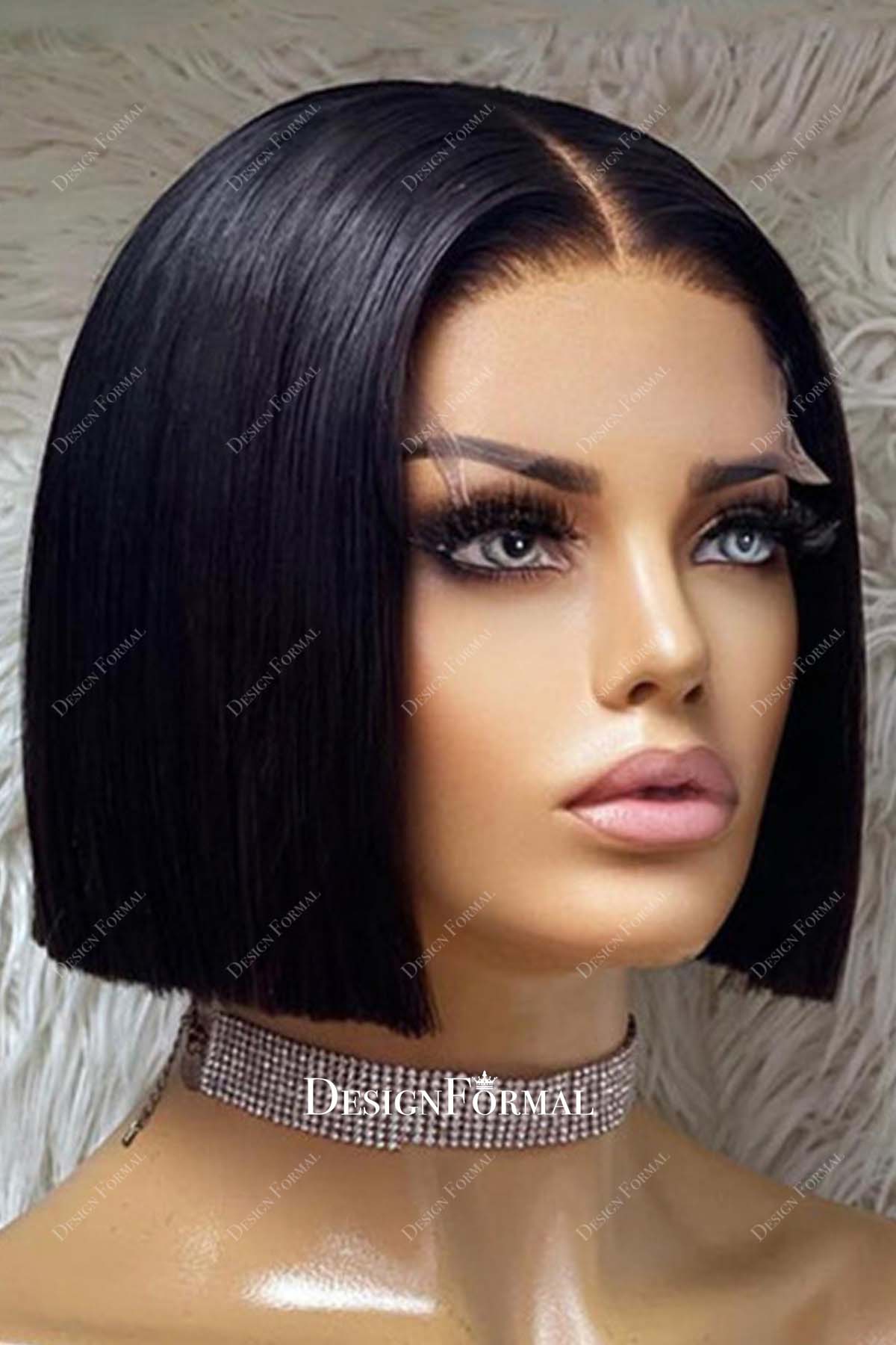 Natural Black Straight Bob Virgin Human Hair Pre-plucked Wig